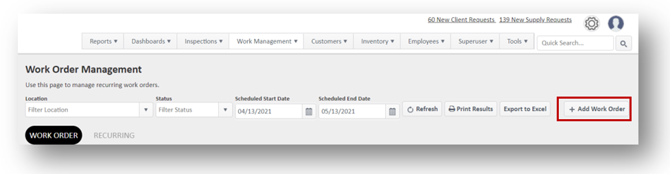 Open Work Orders – Janitorial Manager