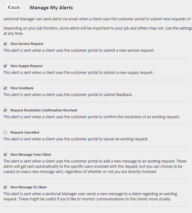 Customer Portal Alert Notifications – Janitorial Manager